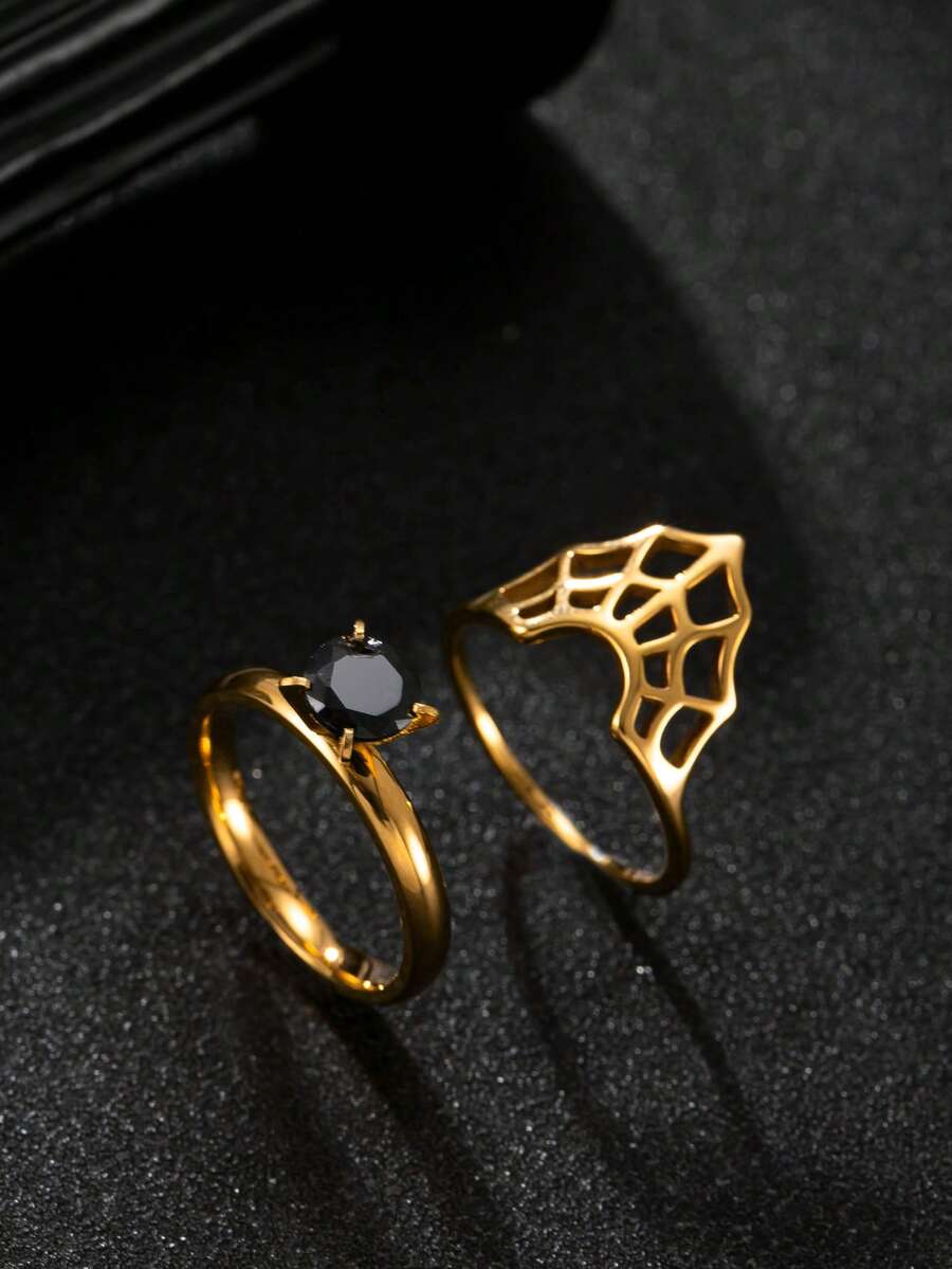 2pcs Fashionable Stainless Steel Gold Spider Rhinestone Rings Set ...