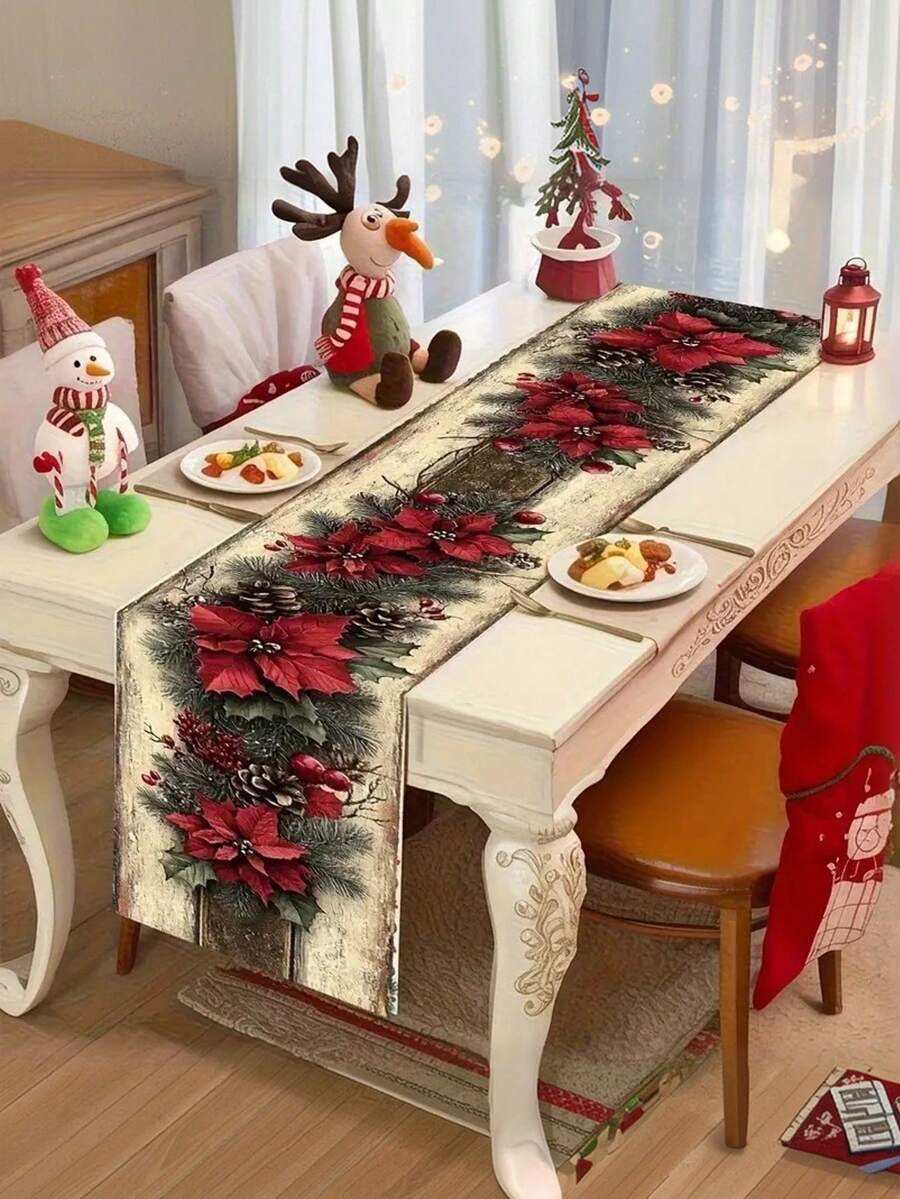 1pc, Retro Christmas Theme Table Runner With Red Poinsettia And ...