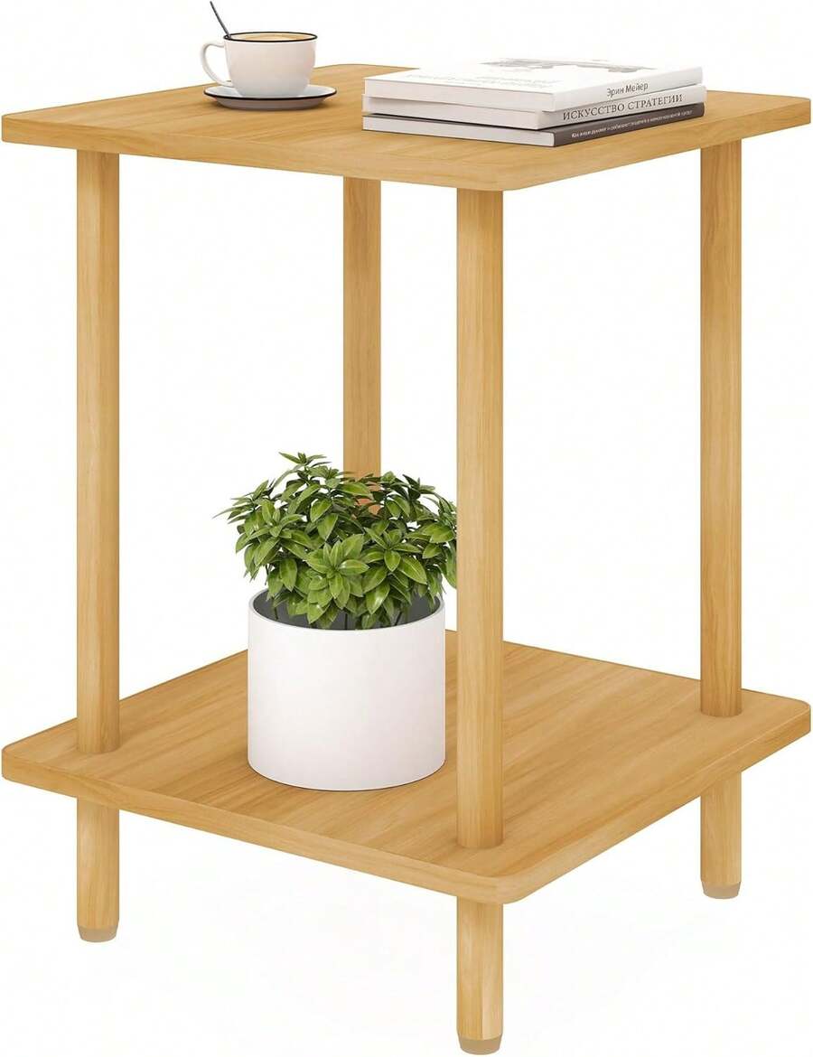 2-Tier End Table,Multi-Layer Side Cabinet With 4 Solid Wood Sturdy Legs ...