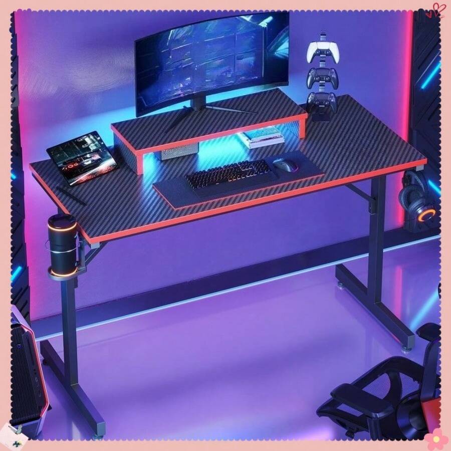 42-Inch Red Gaming Desk With Integrated Monitor Stand For PC And Office ...
