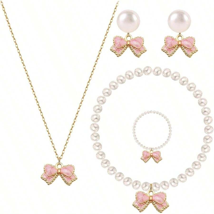 4PCS Bow Necklace Earrings Bracelet Ring Set Women Elegant Bowknot ...