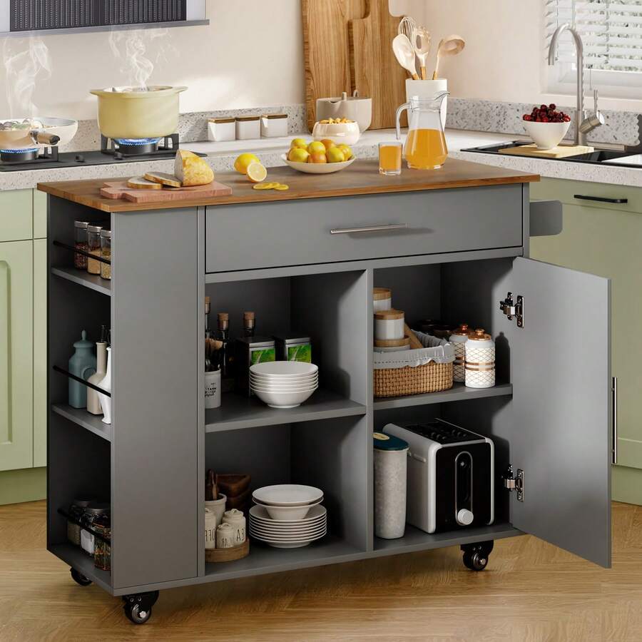 Kitchen Island Cart On Wheels With Drawers, Kitchen Island With Spice ...