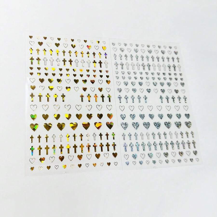 Cross Nail Stickers Heart-Shaped Nail Decals Laser Gold Silver Nail Art ...
