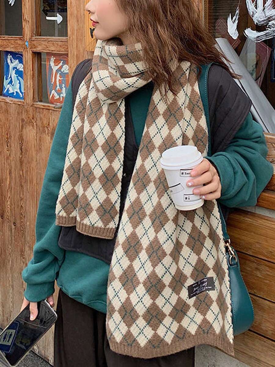 1pc Fashionable & Elegant Thick Fuzzy Scarf, Colorblock Plaid & Vintage ...