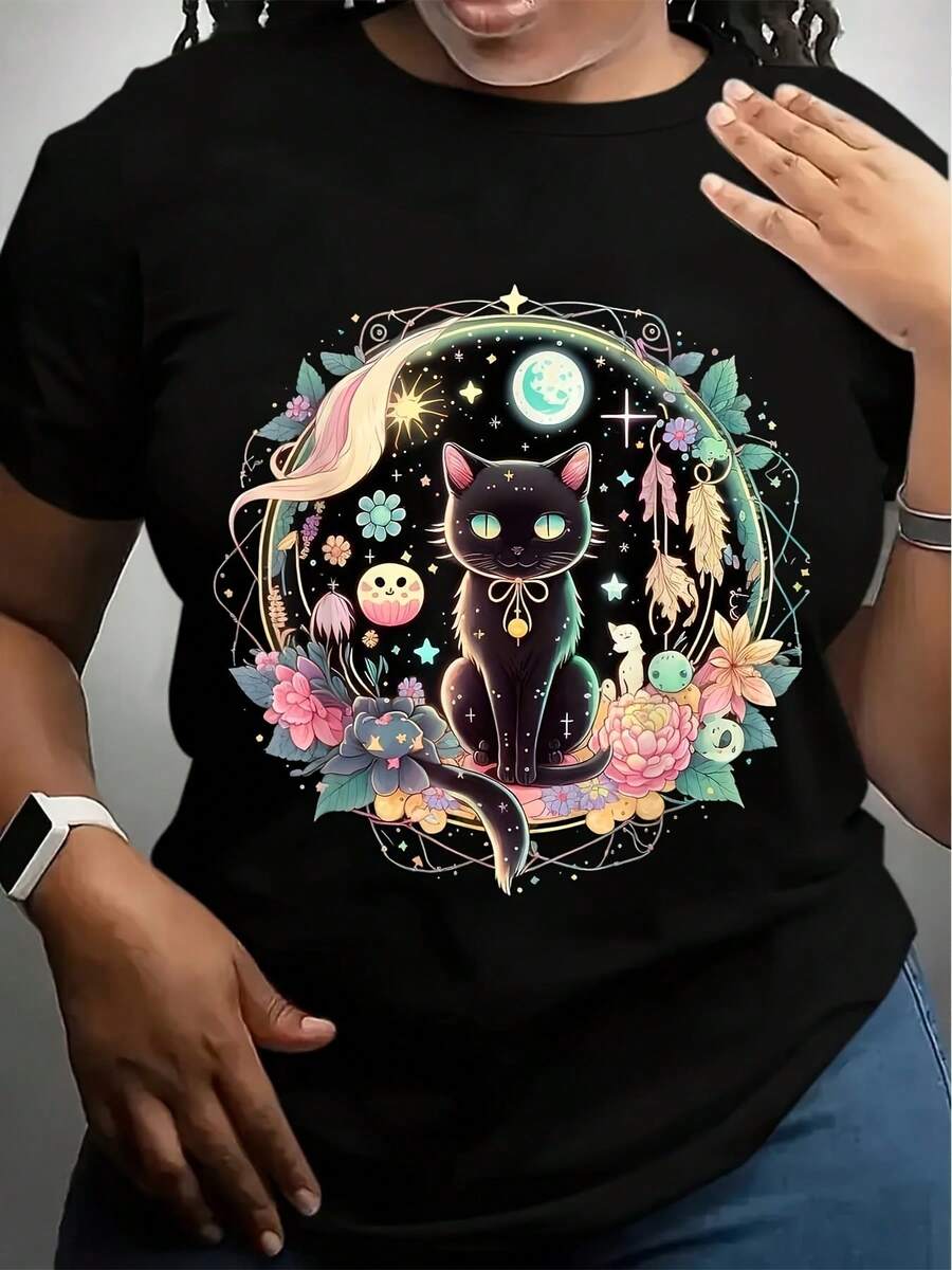 Moon Phase Crystal Witch Cute Black Cat Kawaii Pink Gothic T-Shirt ...