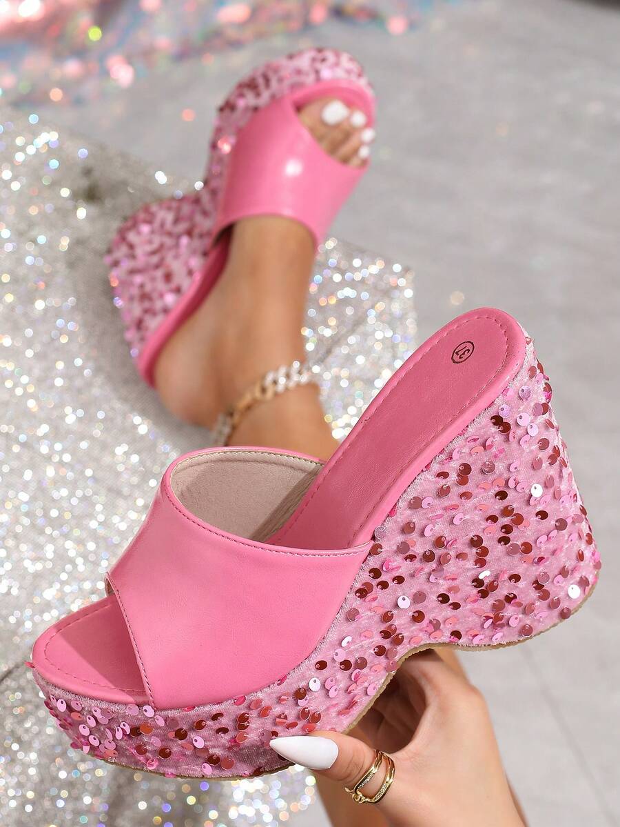 2025 Summer New Fish Mouth Slippers With Sequins, Waterproof Platform ...