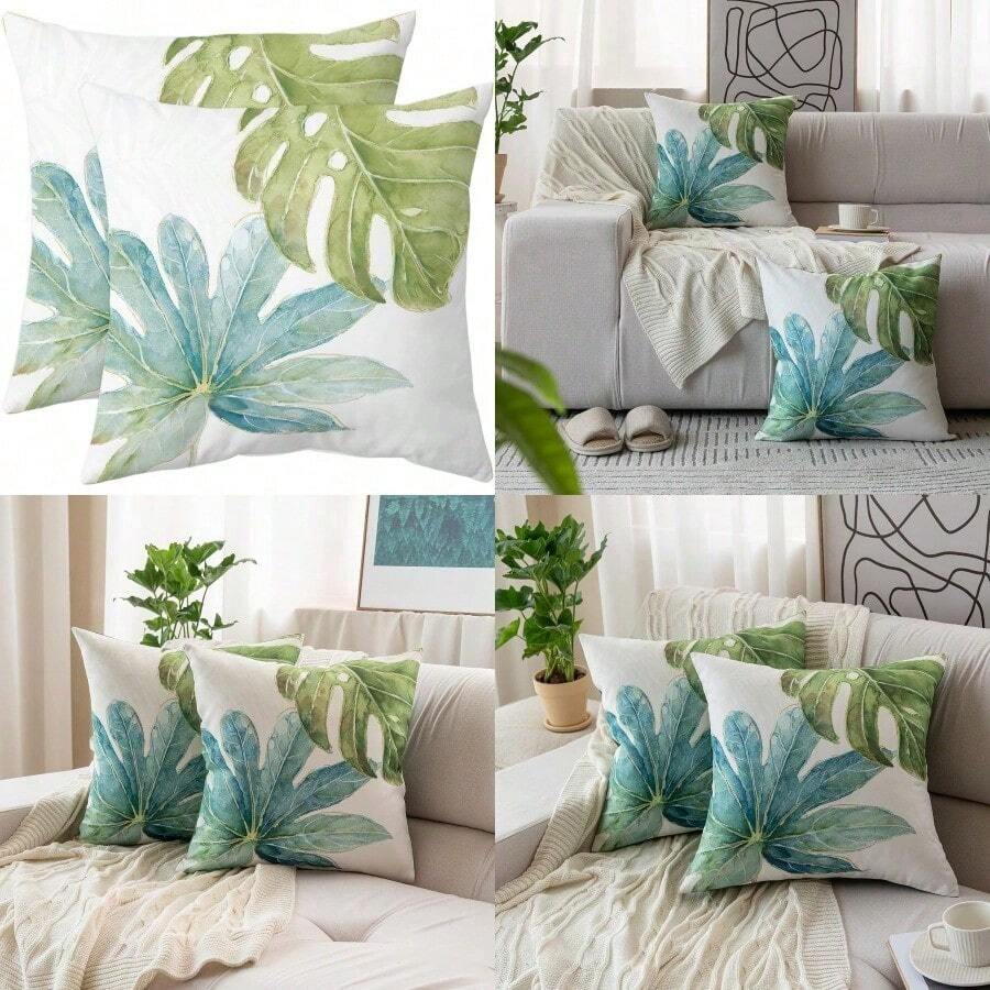 Green Tropical Leaves Throw Pillow Covers Set Of 2 Decorative Monstera ...