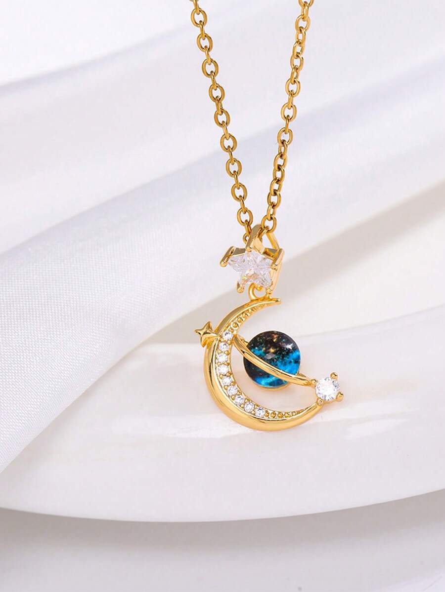 1pc Fashionable Starry Sky & Moon Luxury Rhinestone Decor Necklace ...