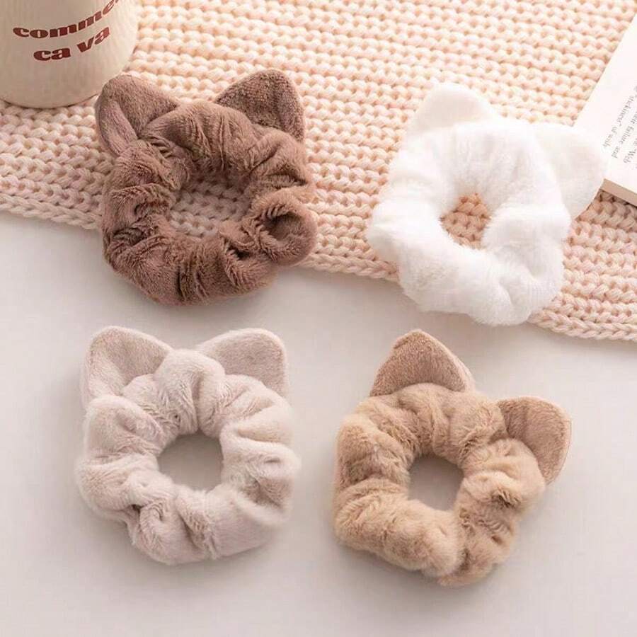 4 Pcs/2Pcs Set Cute Plush Cat Ears Scrunchies Hair Ties Fluffy Ponytail ...