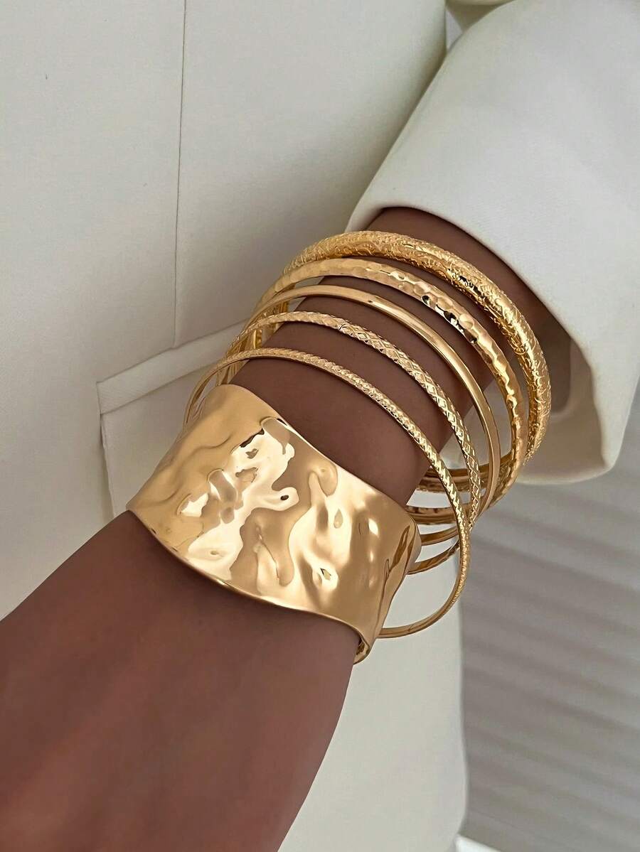 6 Stück goldfarbenes, Oversized, klobiges Armreif-Set, Damen stapelbare ...