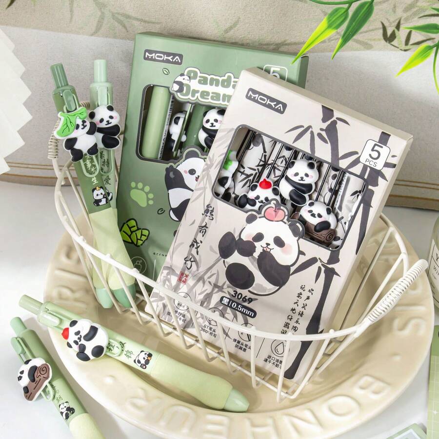 Cute Panda Gel Pens Set, 5 Pcs Kawaii Cartoon Panda Decorated ...