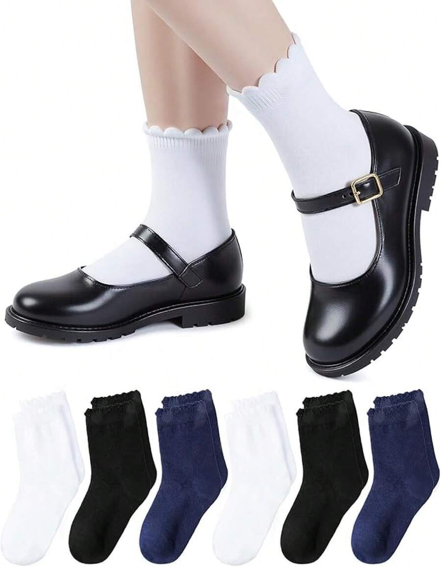 HONGTEYA 6 Pairs Girls White Ruffle Socks School Uniform Dress Socks ...