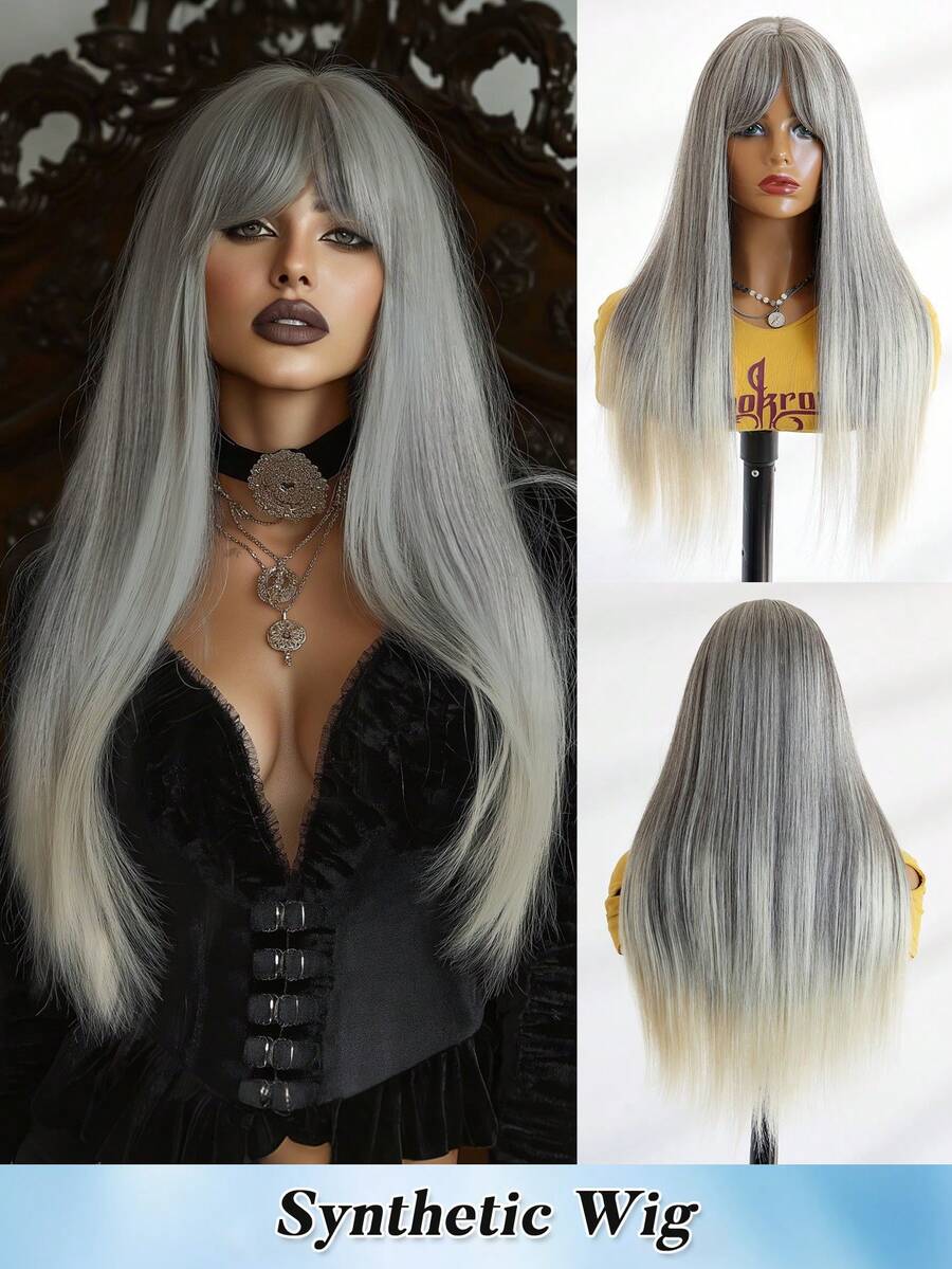 24 Inch Synthetic Fiber Wig, Suitable For Women And Girls To Replace Wigs, Gray Color Suitable ...