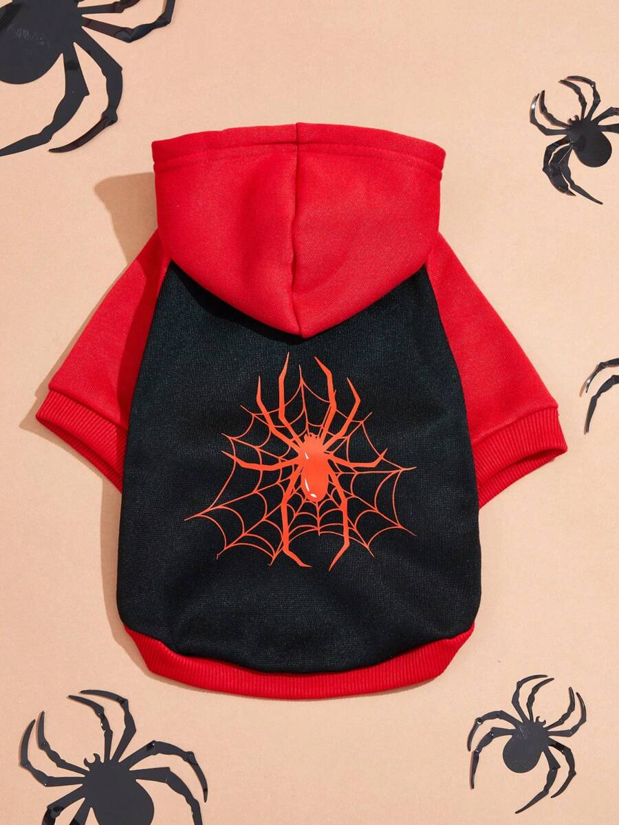 1pc Halloween Spider Print Polyester Hooded Sweatshirt With Sleeves ...