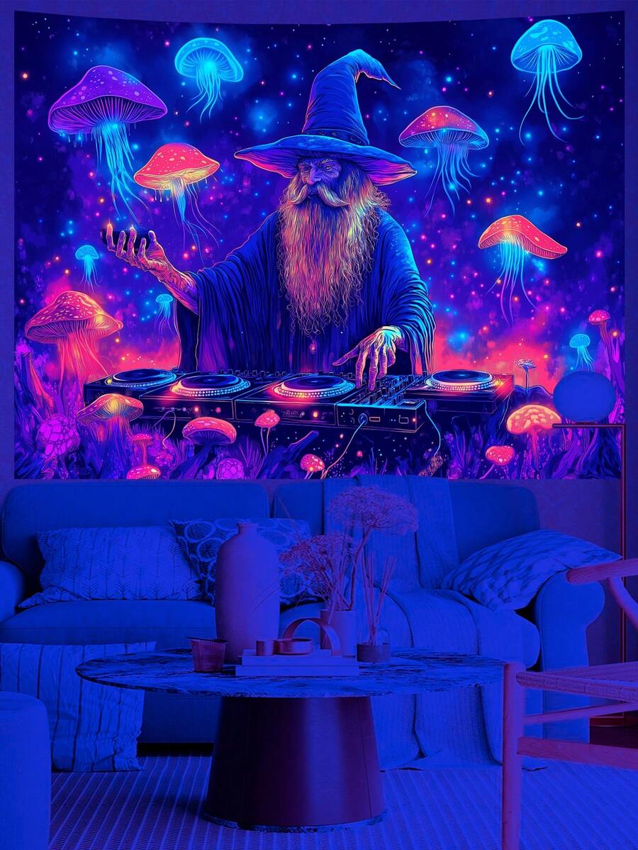 Wizard DJ UV Reactive Tapestry Glowing Mixer Table Magic Mushroom ...