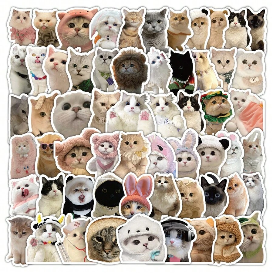60pcs Kawaii Funny Cat Vinyl Stickers Pack - Waterproof Cute Cat Decals ...