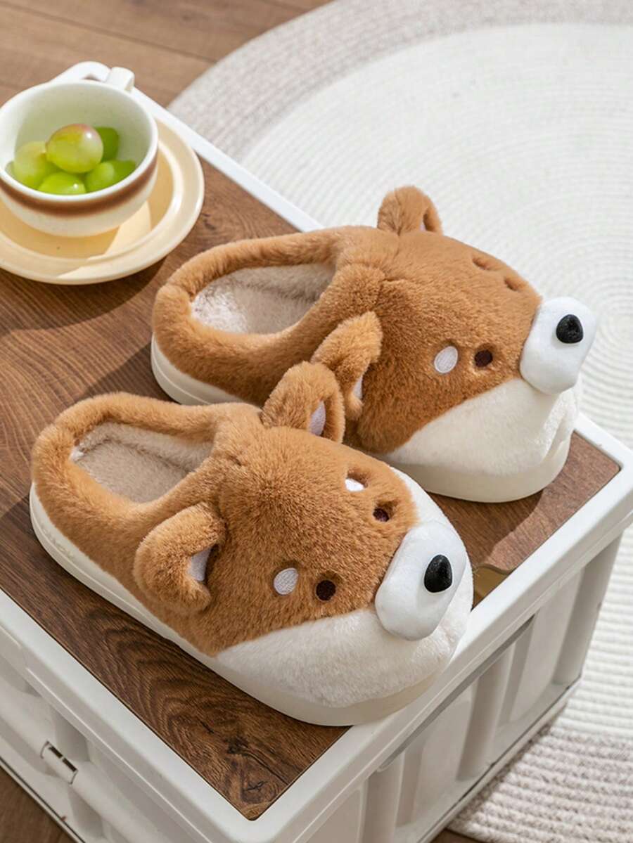 Fall/Winter Men's Plush Lined Cartoon Corgi Dog Slippers, Warm House ...