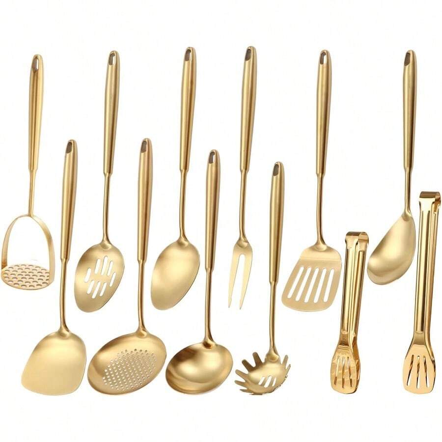 Gold Kitchen Utensils Set 12 PCS Brass Matte Serving Utensils 18 10 ...