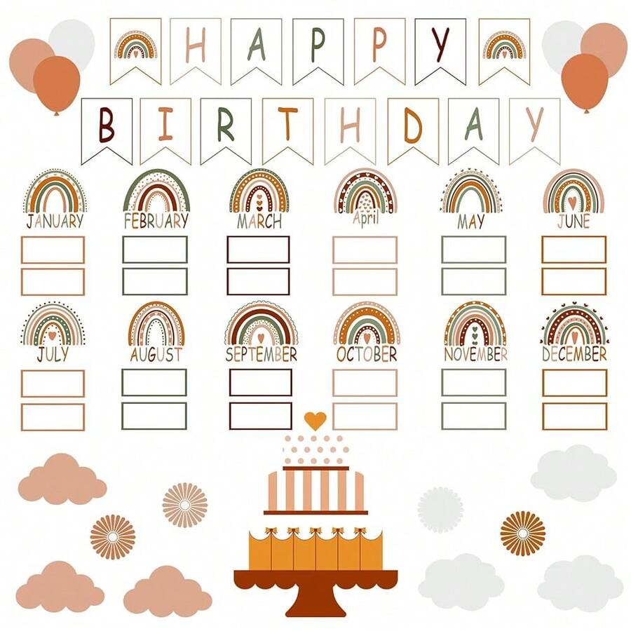 Nezyo 80 Pcs Boho Happy Birthday Bulletin Board Set, Rainbow Birthday ...