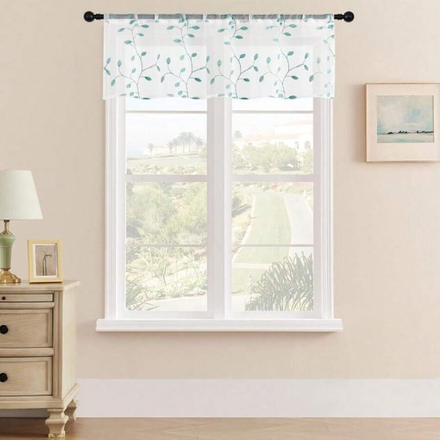 Sheer Christmas Curtain Valance, 2 Panels Leaves Embroidered Small ...