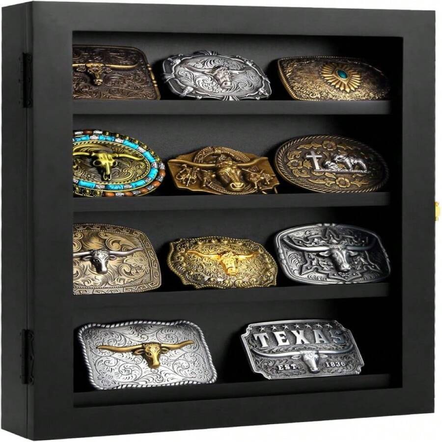 3" Belt Buckle Display Case 16*12 Black Shadow Box With Glass Door ...