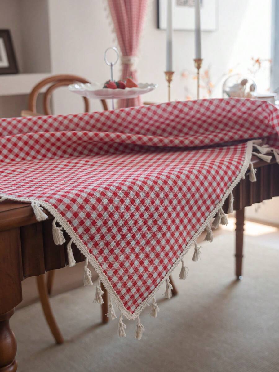 Tokoto 1pc Red & White Plaid Printed Tablecloth, Nordic Minimalist ...