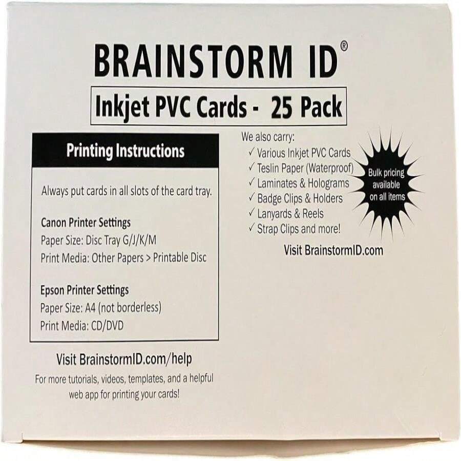 Brainstorm ID Inkjet PVC Cards (25 Pack) - 30 Mil - Inkjet Printable ID ...