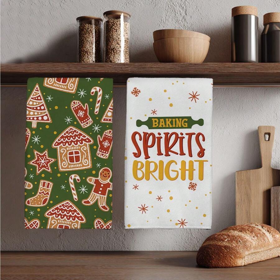 2pcs Christmas Gingerbread Man & Christmas Tree Printed Kitchen Towels ...