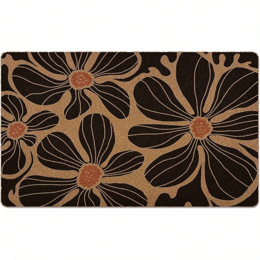 Boho Black Floral Door Mat, Flower Welcome Front Door Mat Indoor ...