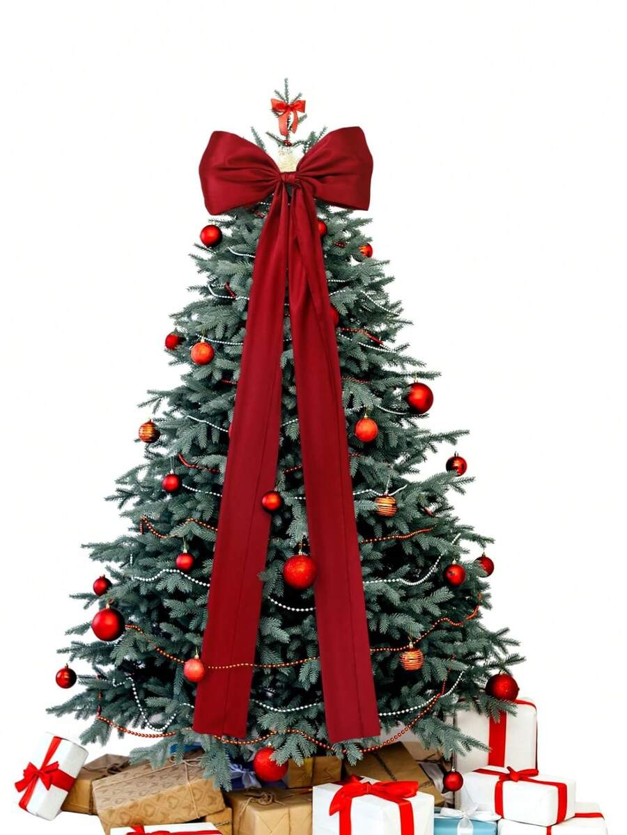 Christmas Tree Topper Bow Red Christmas Bows Long Streamers Ribbon ...