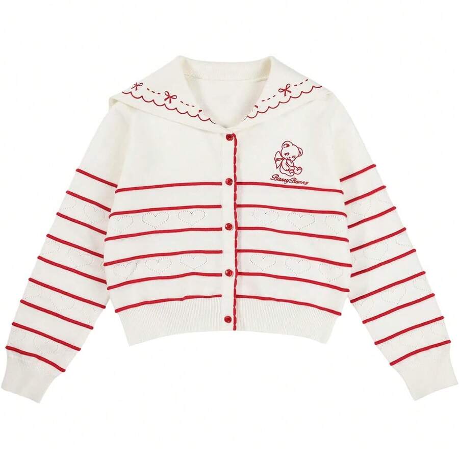 Girls White Cardigan Sweater With Red Stripes, Sailor Collar Long ...