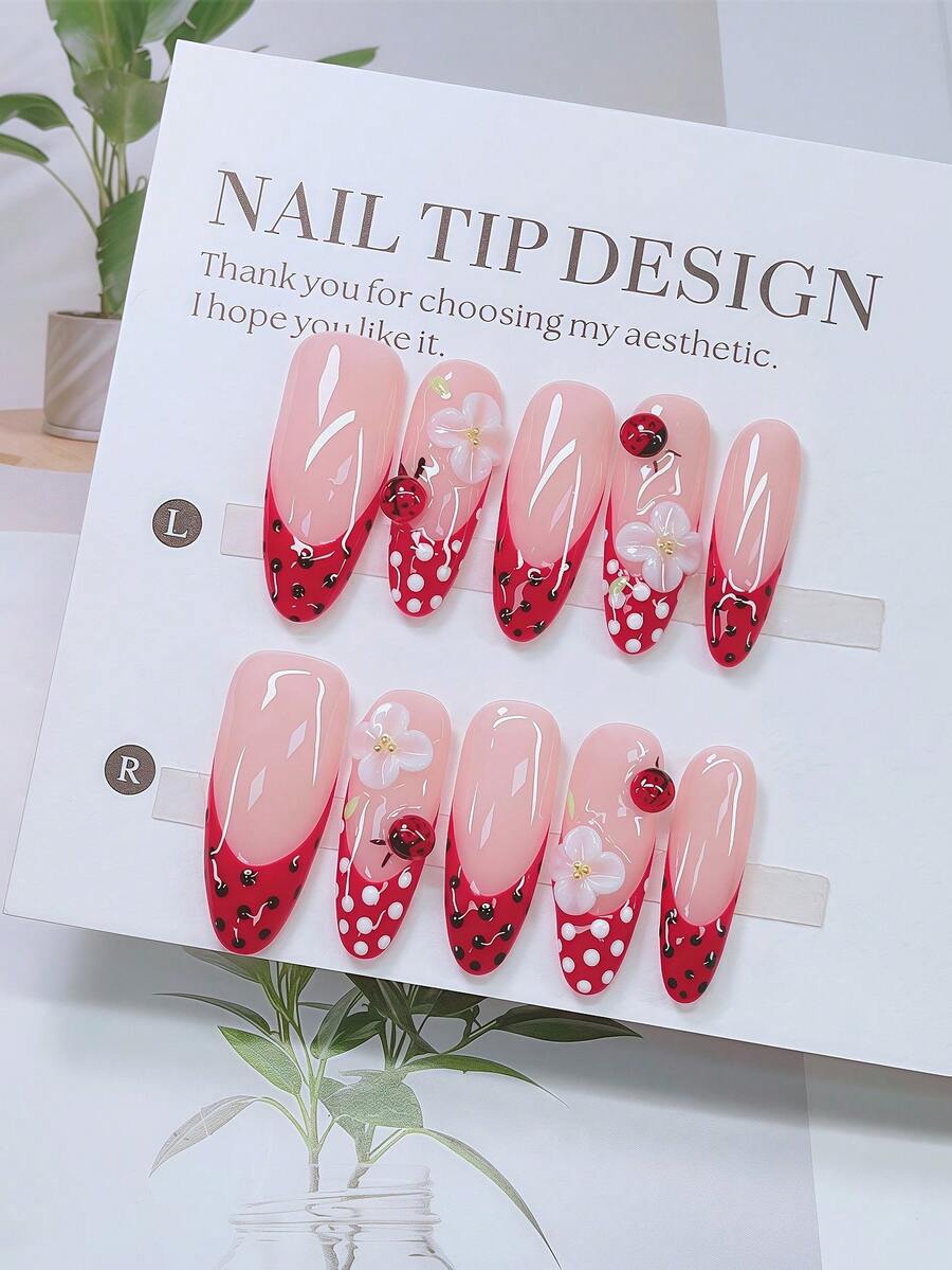 10 Stücke Y2K Mandel-förmige Aufklebe-Nägel Set - handgefertigt, rote ...