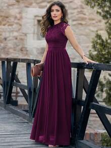 MIUSOL Elegant Floral Lace Mock Neck Cap Sleeve Pleated Hem Prom Party ...