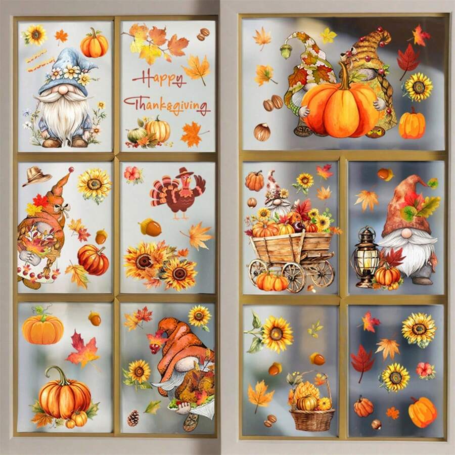 Fall Window Clings, Maple Leaves Pumpkins DIY Electrostatic Window ...