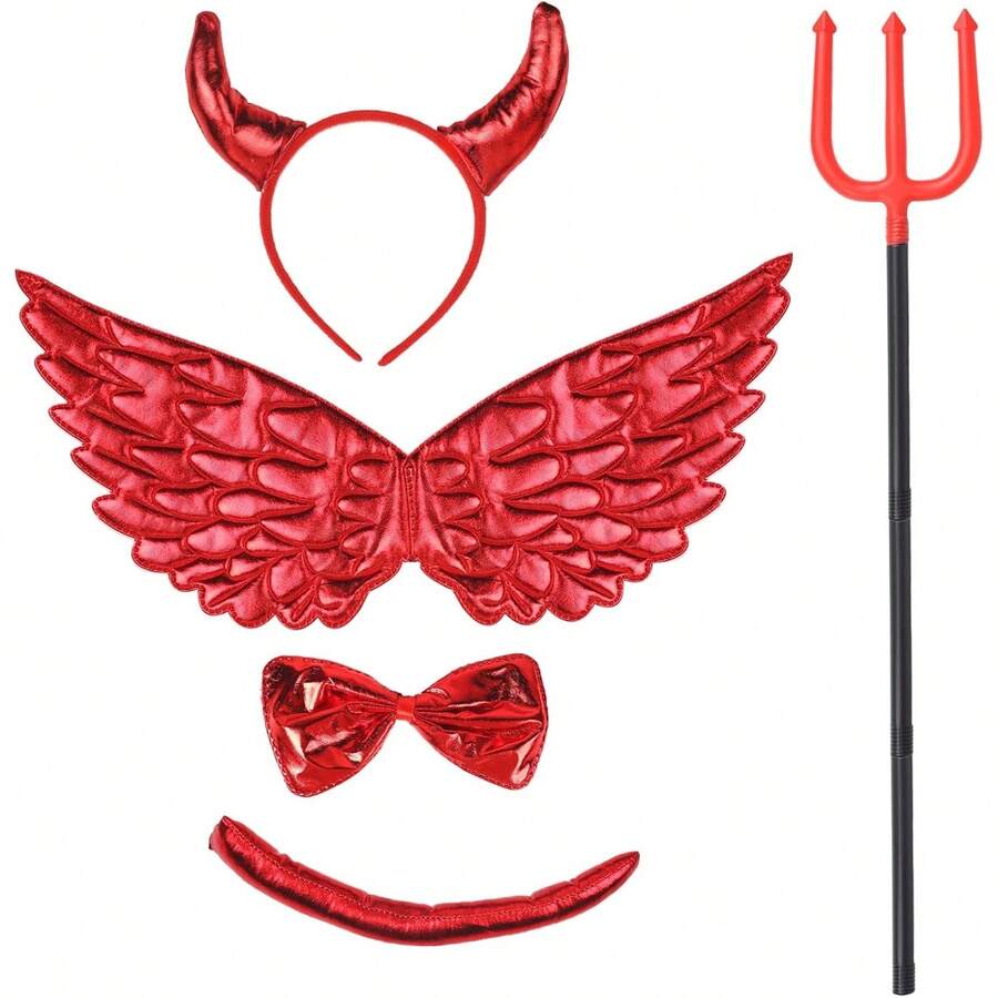 5-Piece Red Devil Costume Set – Devil Wings, Horn Headband, Tail & Fork Accessories (Halloween ...