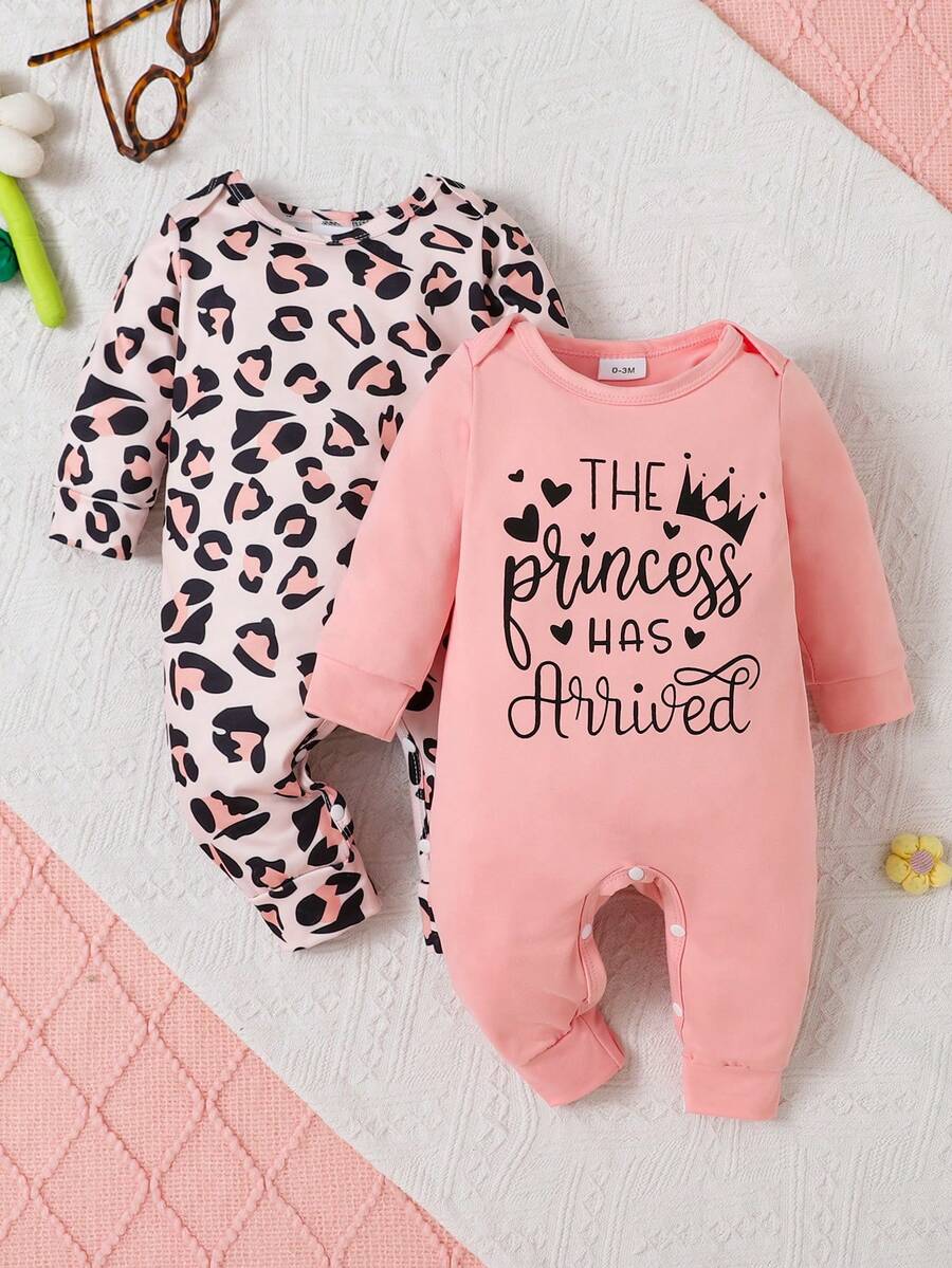 2pcs Baby Girl Autumn/Winter Pink Letter Print Romper & Leopard Print ...