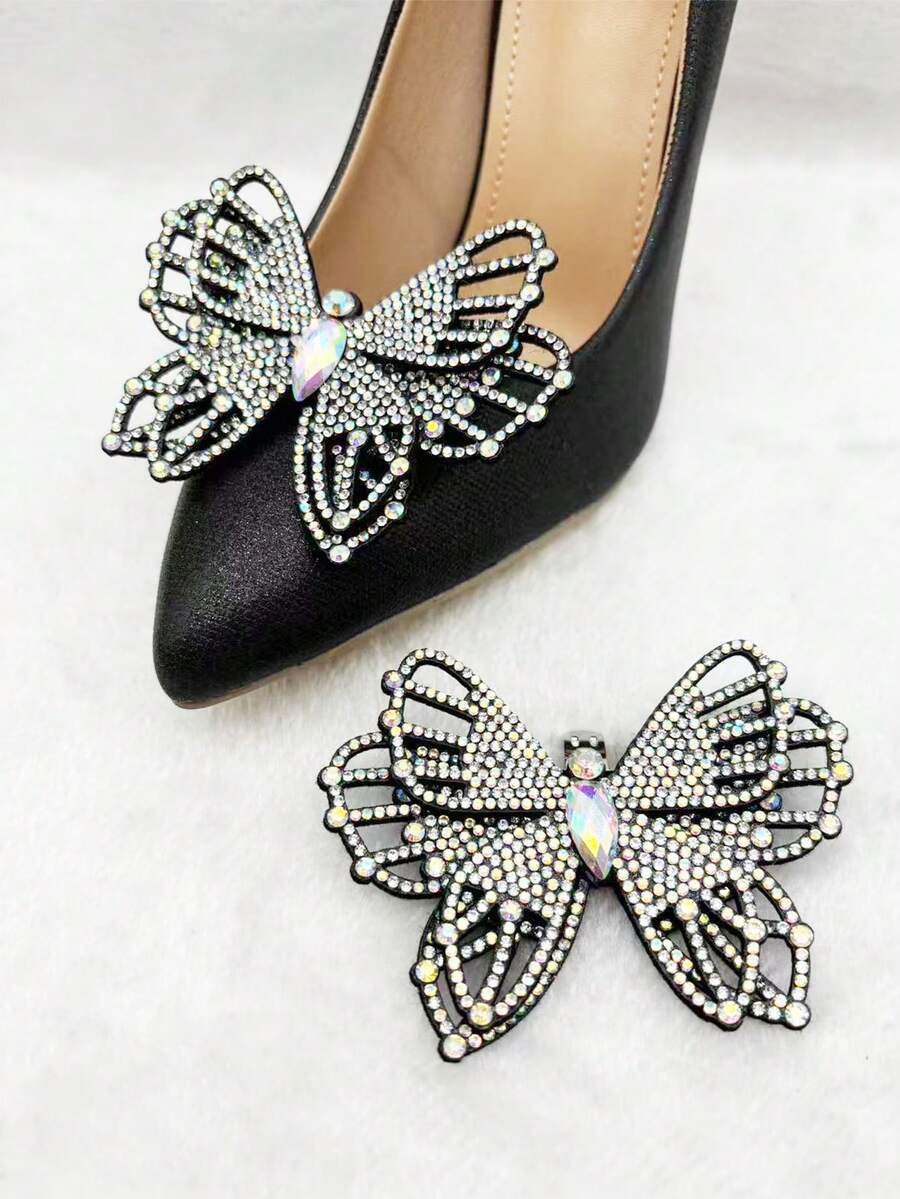 2pcs Dual-Tone Faux Crystal 3D Butterfly Shoe Clips With Metal Clips ...