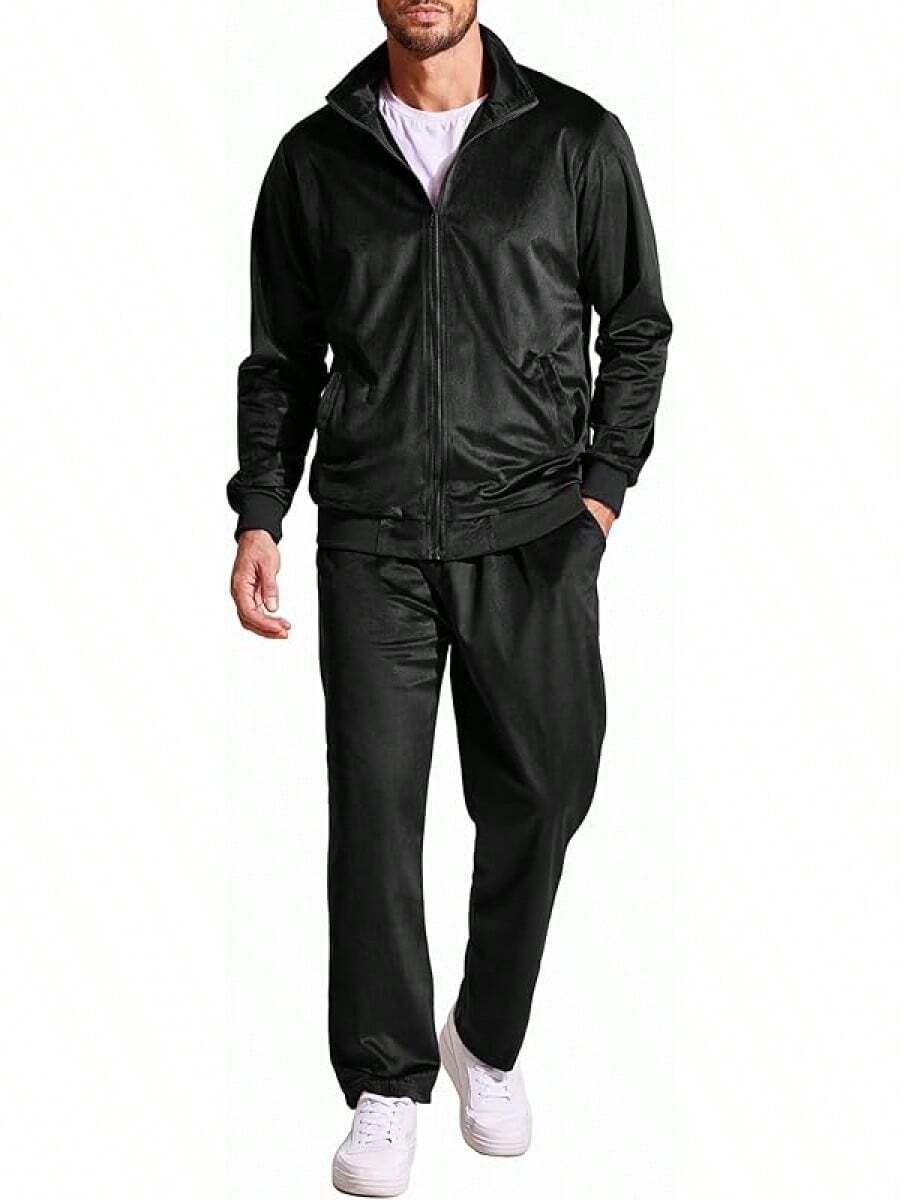 Men's 2-Piece Velvet Tracksuit Full Zip Pants Velvet Jogging Set Sports ...