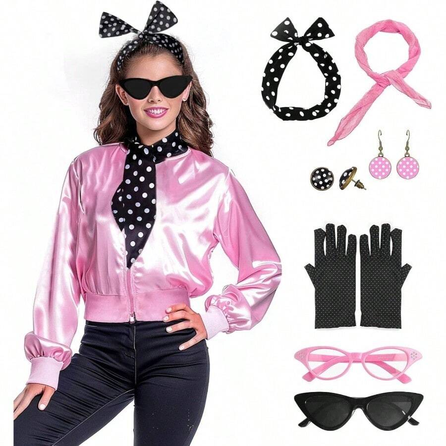 Pink Satin Ladies 50s Outfit Costume Women Halloween Accessories ...