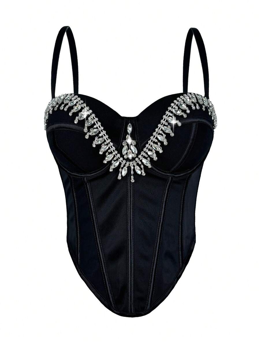 Women's Flash Diamond Tank Top With Bra Rhinestone Bustier Tops Sexy ...