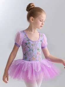 E.DANCE Girls' Floral Embroidered Ballet Leotard Dress, Mesh Puff ...