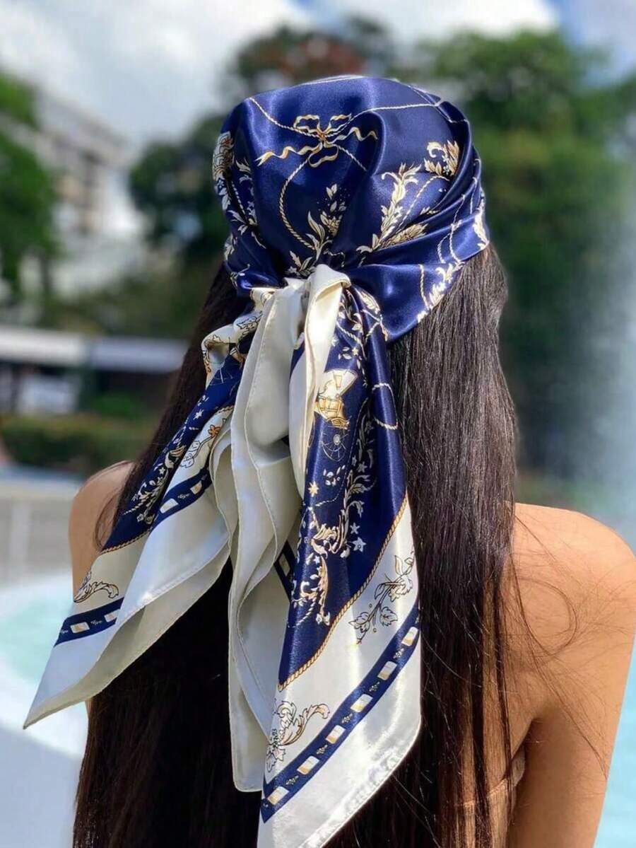 1pc Blue Chain Print Scarf, 90cm Square Scarf, Women's Casual Headscarf ...