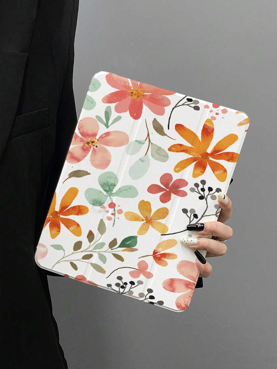1 Peça Capa de Tablet Dobrável Tripla em Couro Premium com Flor e Folha ...