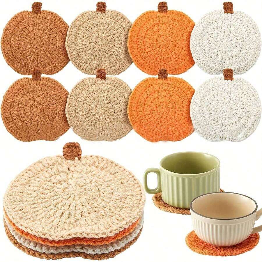 4pcs Handmade Crochet Pumpkin Coaster Set, Absorbent Drink Coasters ...
