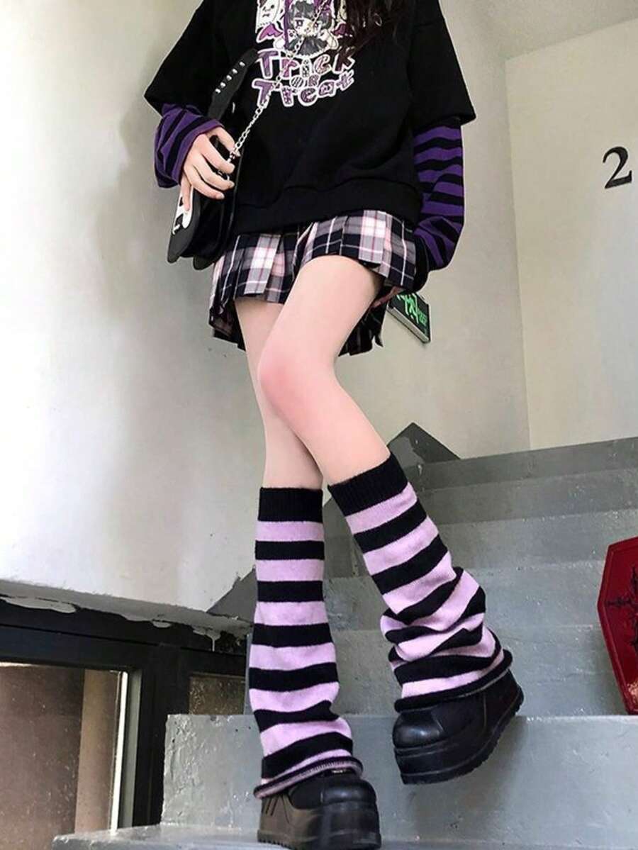1pc Purple Striped Calf-Length Socks For Spring & Autumn - Retro JK ...