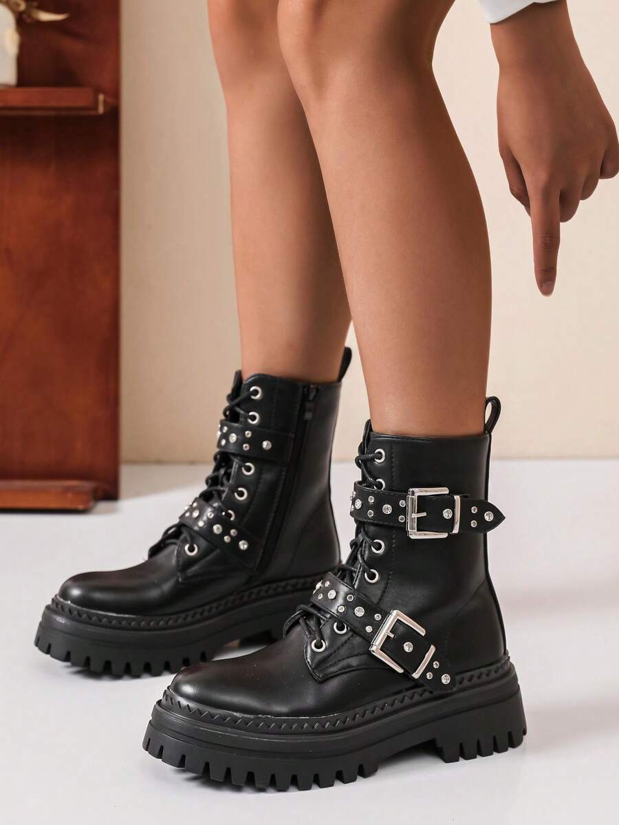 Women's Stylish Black Marble Lace-Up Boots With Side Zipper, Stylish ...