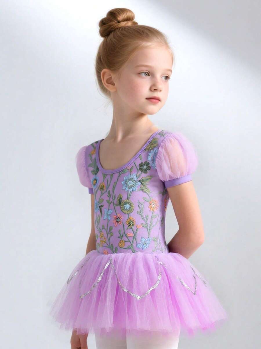 E.DANCE Girls' Floral Embroidered Ballet Leotard Dress, Mesh Puff ...