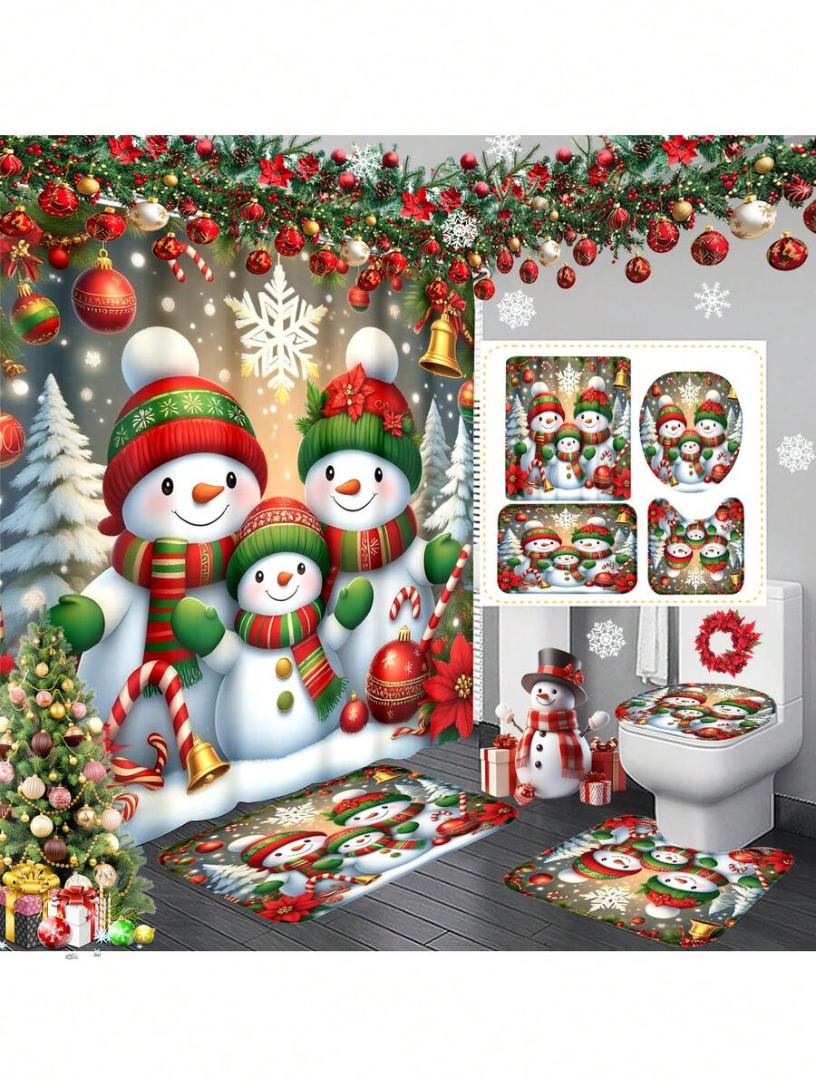 1pc/4pcs Christmas Snowman Family Shower Curtain Set - Cartoon Style ...