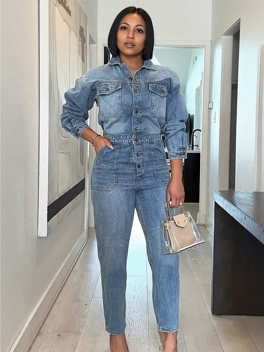 Women's Sexy Button-Up Slim Fit Denim Bodysuit Lapel Full Length Denim ...