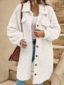 1 Pc Ladies Solid Color Fleece Front Button Faux Pocket Fluffy Jacket ...